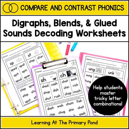 Digraphs, Blends, & Glued Sounds Worksheets for Decoding Practice | Co ...