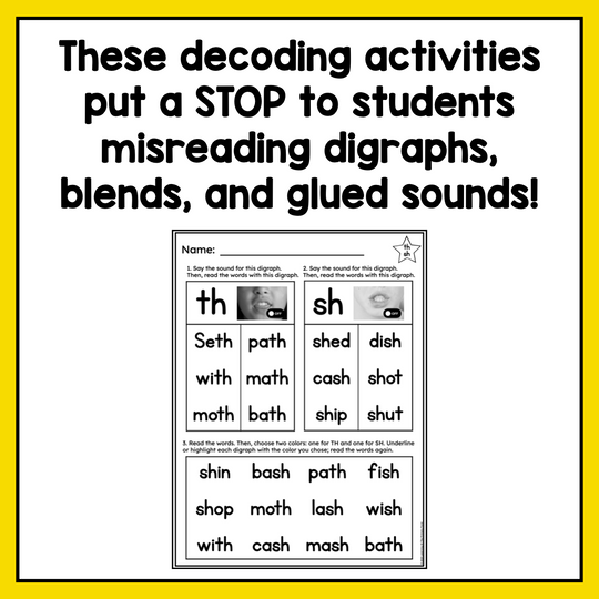 Digraphs, Blends, & Glued Sounds Worksheets for Decoding Practice | Co ...