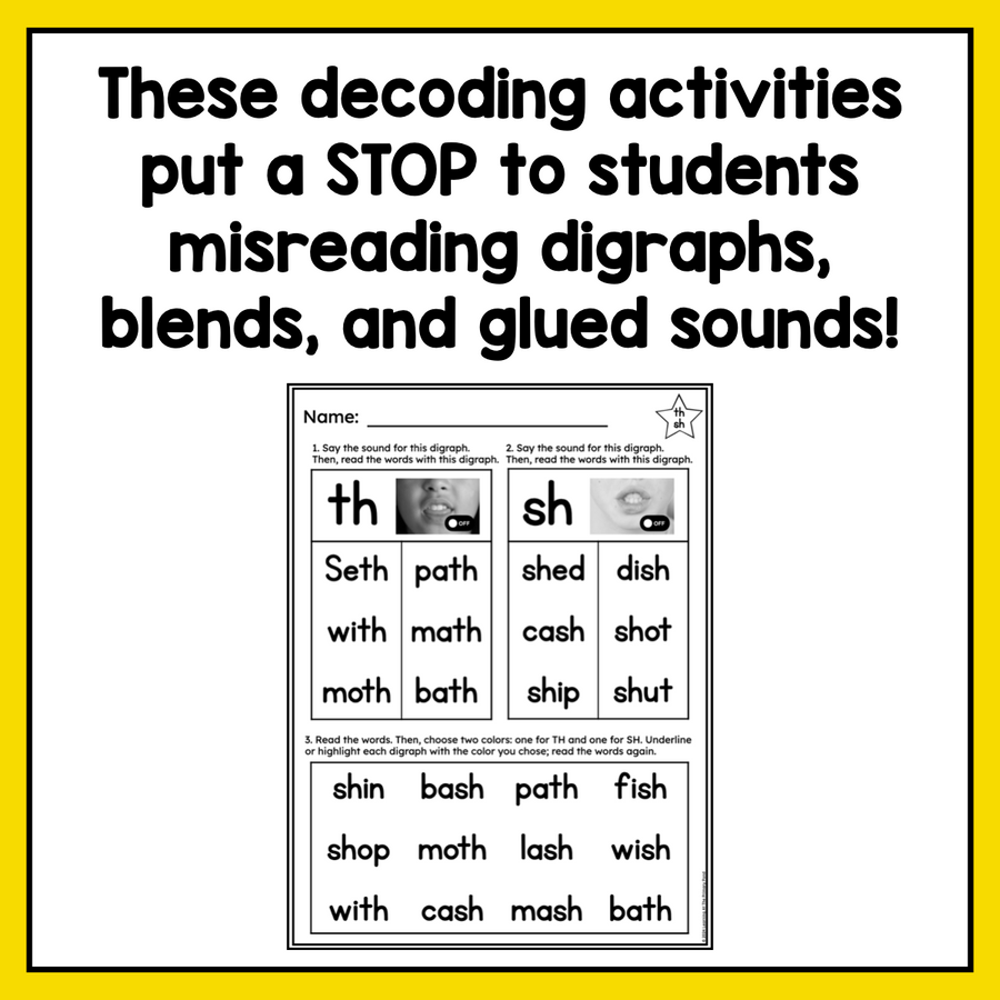 Digraphs, Blends, & Glued Sounds Worksheets for Decoding Practice | Co ...