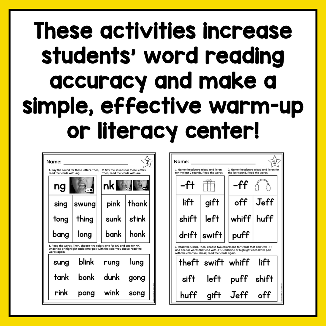 Digraphs, Blends, & Glued Sounds Worksheets for Decoding Practice | Co ...