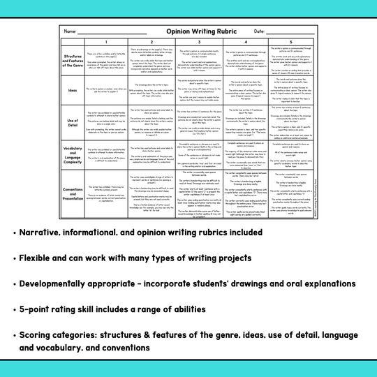 Kindergarten Writing Rubrics - Narrative, Informational, and Opinion G ...