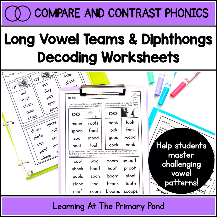 Long Vowel Teams & Vowel Diphthongs Worksheets for Decoding | Compare ...
