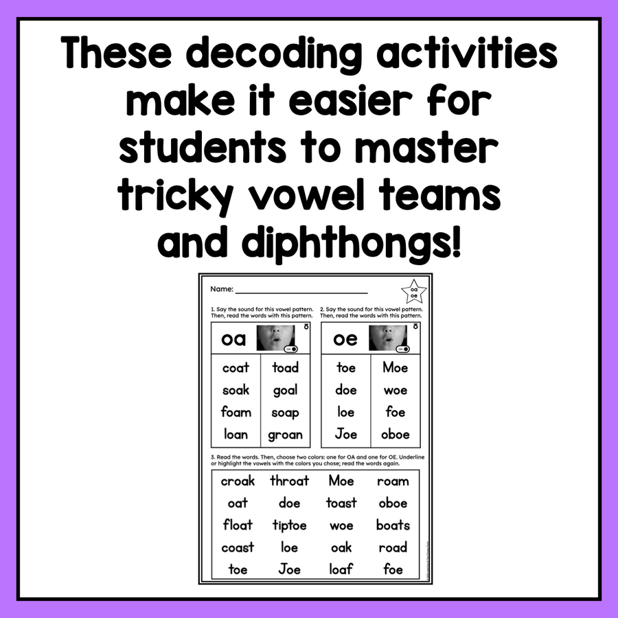 Long Vowel Teams & Vowel Diphthongs Worksheets for Decoding | Compare ...