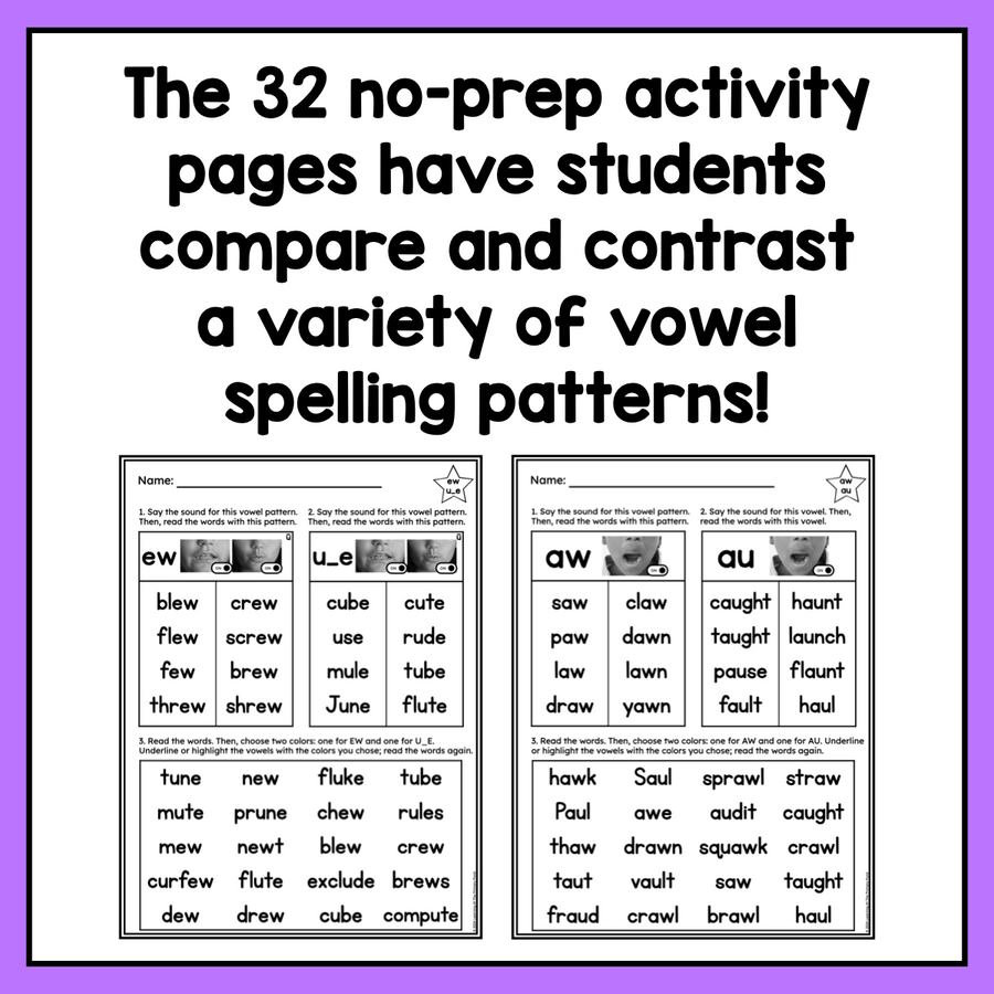 Long Vowel Teams & Vowel Diphthongs Worksheets for Decoding | Compare ...