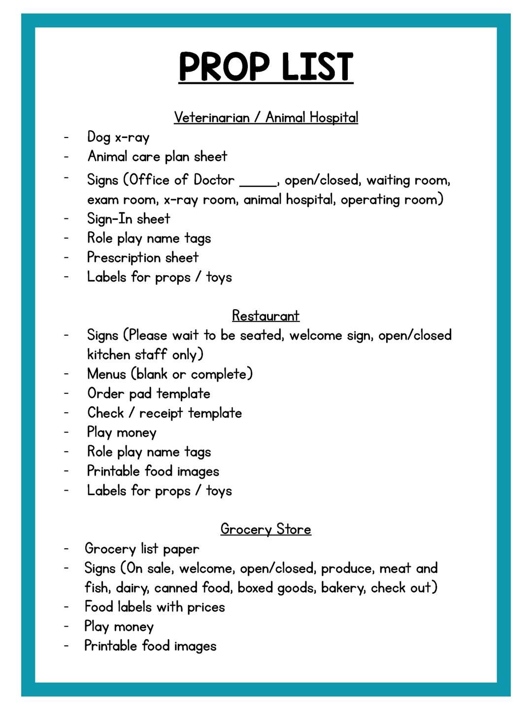 Dramatic Play Center Props for Kindergarten – Learning at the Primary Pond