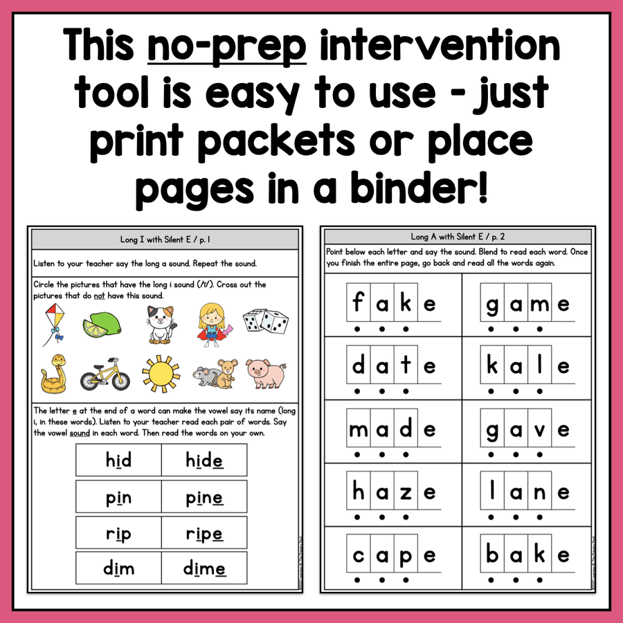 Long Vowels with Silent E (CVCe Words) Intervention Pack | No-Prep, Ph ...