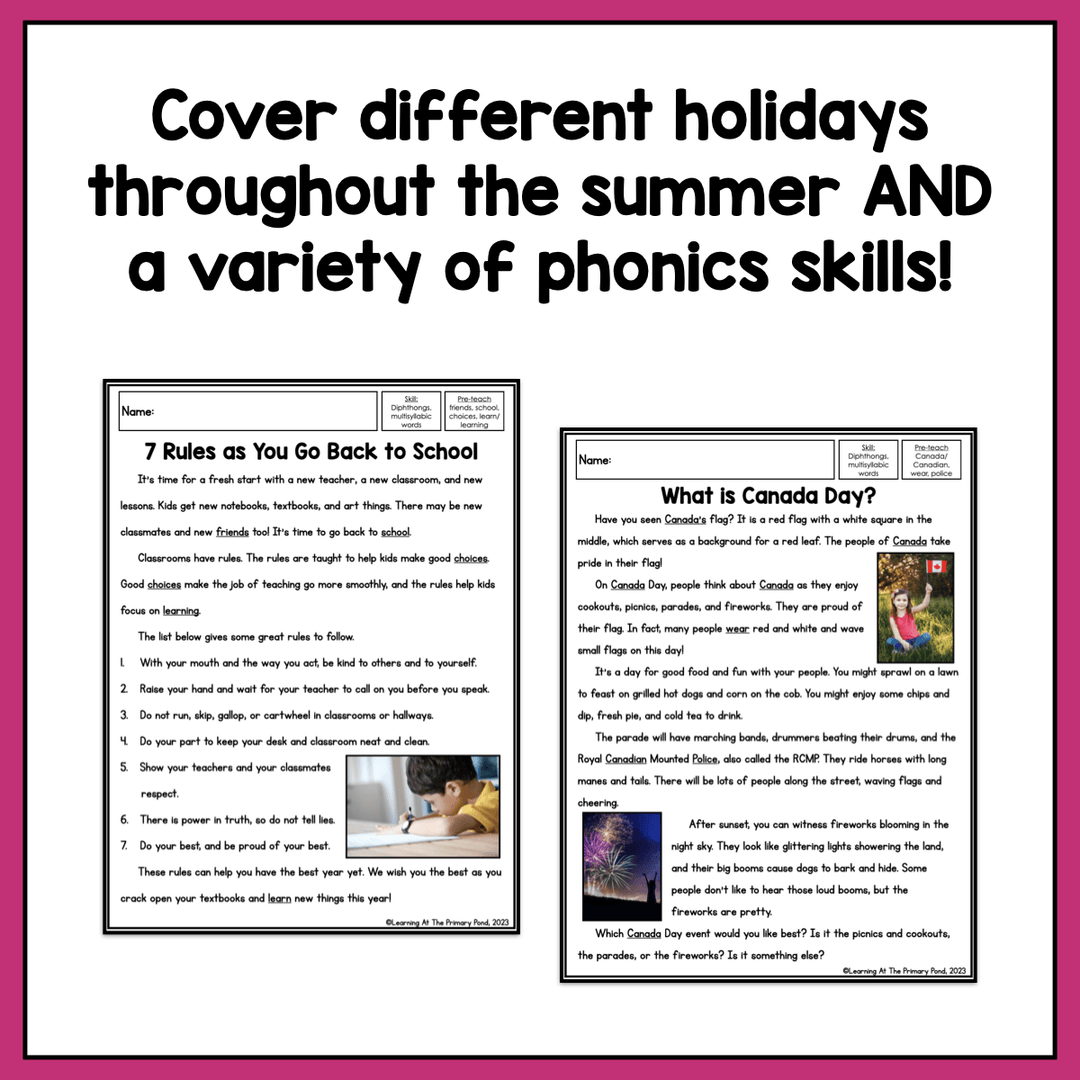 Summer Decodable Texts for 2nd Grade | Passages on Summer and Summer H ...